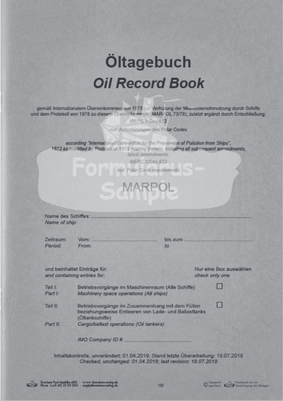Webshop Datema Nautical Safety. Oil Record Book MARPOL GERMAN