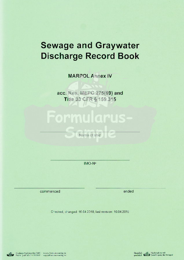 Webshop Datema Nautical Safety. Sewage and Graywater Discharge Record Book